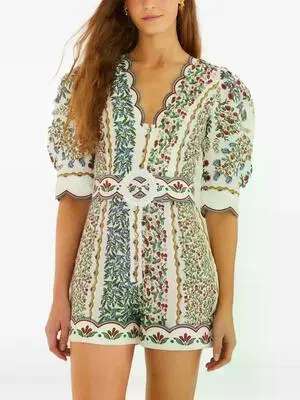 Farm Rio Fruit Beauty Floral Print Scalloped Trim Playsuit - White