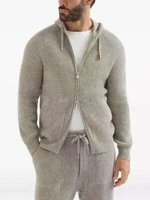 Brunello Cucinelli Cashmere English Rib Hooded Knit Sweatshirt - Grey