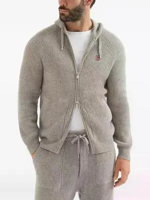 Brunello Cucinelli Cashmere English Rib Hooded Knit Sweatshirt - Grey