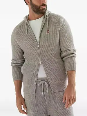 Brunello Cucinelli Cashmere English Rib Hooded Knit Sweatshirt - Grey