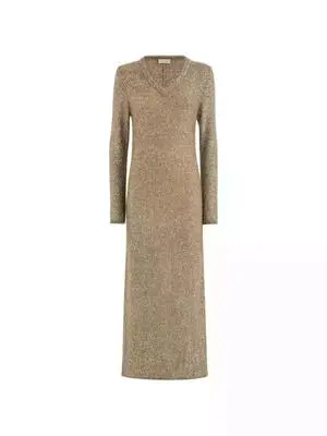 Brunello Cucinelli Sequin Embellished V-neck Midi Dress - Gold