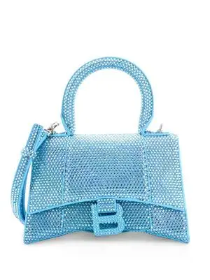 Balenciaga Hourglass Top Handle Bag Suede With Crystals Xs Crossbody Bag - Blue