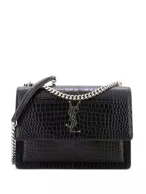 Saint Laurent Sunset Crocodile Embossed Leather Medium Crossbody Bag - Black