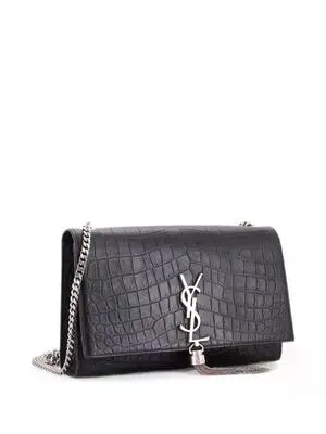 Saint Laurent Classic Monogram Tassel Crocodile Embossed Leather Medium Crossbody Bag - Black
