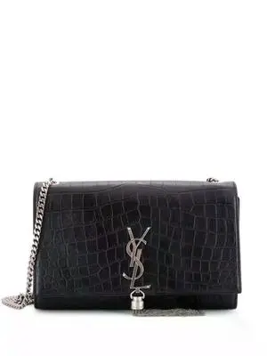Saint Laurent Monogram Tassel Crocodile Embossed Leather Crossbody Bag - Black