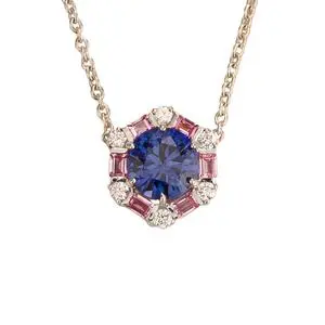 JUVETTI  Hexagon Pendant Necklace With Sapphire And Diamond Halo - Blue/pink/silver