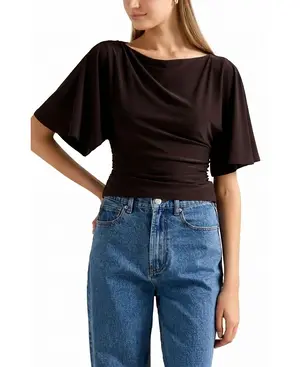 EVER NEW Paige Flutter Sleeves Tie Back Top - Dark Chocolate