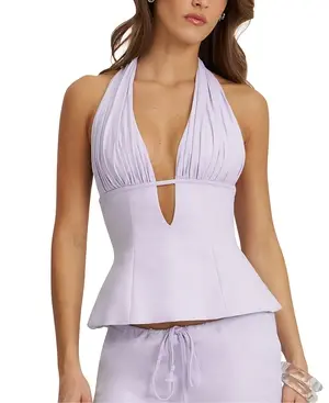 MISS CIRCLE NEW YORK Quinzella Linen Plunging Halter V Neck Top - Lavender