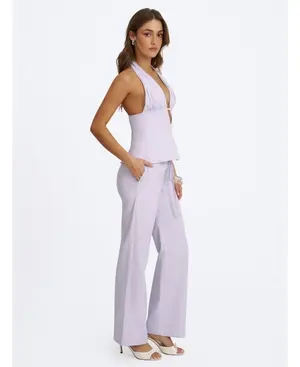 MISS CIRCLE NEW YORK Quinzella Linen Plunging Halter V Neck Top