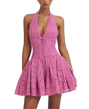 MISS CIRCLE NEW YORK Karla Lace Halterneck Mini Dress - Magenta