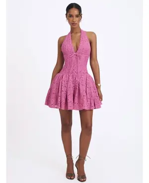 MISS CIRCLE NEW YORK Karla Lace Halterneck Mini Dress - Magenta