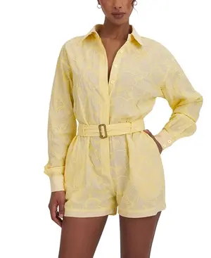 MISS CIRCLE NEW YORK Malou Embroidered Poplin Belted Shirt Romper - Yellow