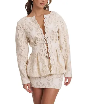 MISS CIRCLE NEW YORK Wenley Cotton Lace Puff Sleeve Cinched Top - Beige