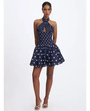 MISS CIRCLE NEW YORK Yamina Polka Dot Ramie Crossover Halter Gathered Mini Dress