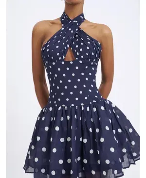MISS CIRCLE NEW YORK Yamina Polka Dot Ramie Crossover Halter Gathered Mini Dress