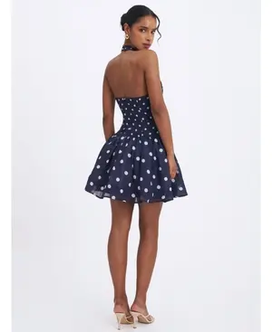 MISS CIRCLE NEW YORK Yamina Polka Dot Ramie Crossover Halter Gathered Mini Dress