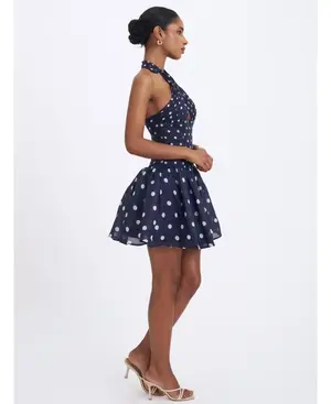 MISS CIRCLE NEW YORK Yamina Polka Dot Ramie Crossover Halter Gathered Mini Dress