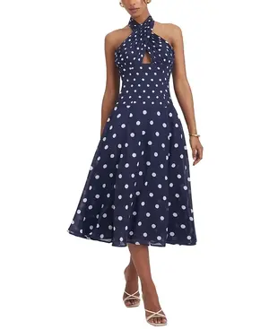 MISS CIRCLE NEW YORK Nuri Polka Dot Ramie Crossover Halter A-line Midi Dress