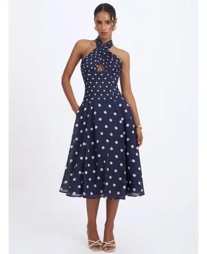 MISS CIRCLE NEW YORK Nuri Polka Dot Ramie Crossover Halter A-line Midi Dress