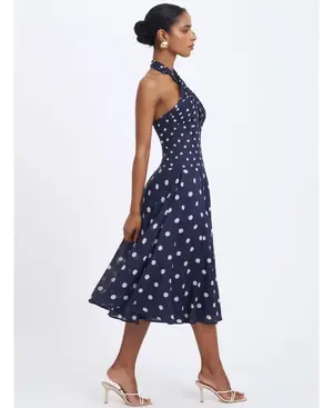 MISS CIRCLE NEW YORK Nuri Polka Dot Ramie Crossover Halter A-line Midi Dress