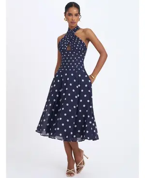 MISS CIRCLE NEW YORK Nuri Polka Dot Ramie Crossover Halter A-line Midi Dress