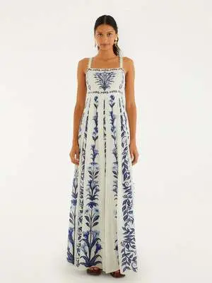 Farm Rio Maxi Dress With Flower Arch Print And Scalloped Shoulder Straps - Bianco