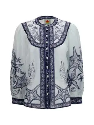 Farm Rio Coast Scarf Print Ramie Long-sleeve Blouse