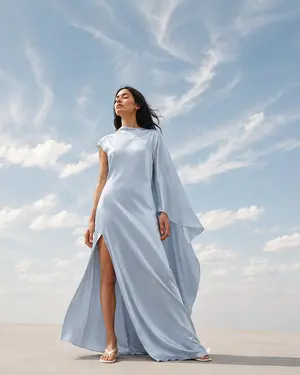 Simkhai Ora Satin Asymmetric Cape Gown - Blue