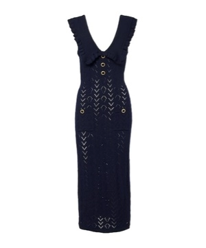 Alessandra Rich Knitted Virgin Wool Midi Dress With Ruffled Collar - Blue