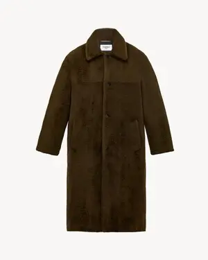 Saint Laurent Balmacaan Coat In Shearling - Kaki Fonce