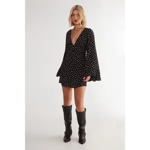 Nasty Gal Button-down Flared Mini Dress With Plunge Neckline And Bell Sleeves - Mono