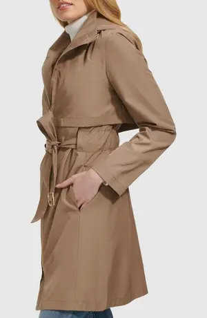 Cole Haan Packable Hooded Rain Jacket With Belt - Champagne