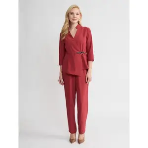 Misook Buckle Detail Crepe Wrap Blouse - Russet