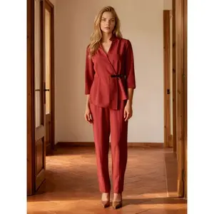 Misook Buckle Detail Crepe Wrap Blouse - Russet