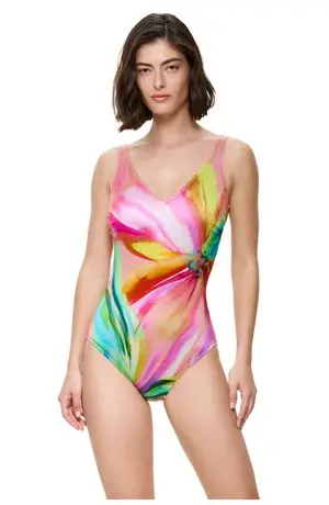 GOTTEX Floral Rhythm V-neck One-piece Swimsuit - Pink-multi