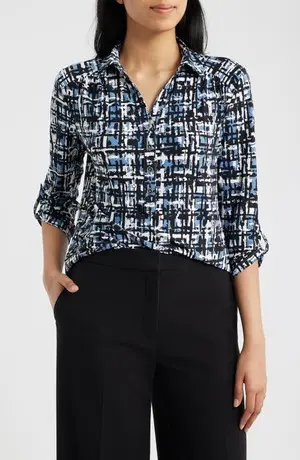 Anne Klein Print Roll-tabbed Button Front Shirt