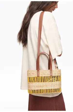 Bimba Y Lola Small Raffia Basket Bag - Mustard