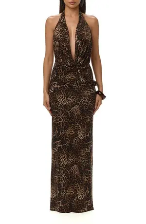 Naked Wardrobe Deep Plunge Leopard Print Maxi Dress