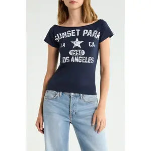PACSUN Sunset Park Off-the-shoulder T-shirt - Navy