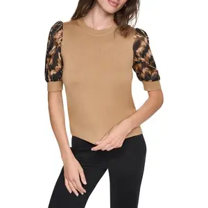 Dkny Print Twist Sleeve Mixed Media Sweater - Truffle
