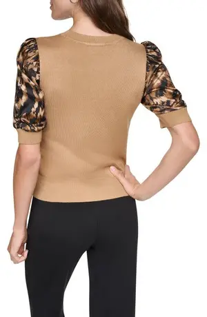 Dkny Print Twist Sleeve Mixed Media Sweater - Truffle