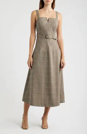 ZOE AND CLAIRE Sleeveless Plaid Belted Midi Dress - Beige