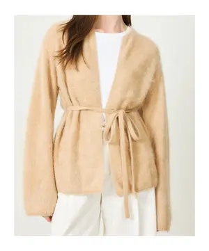 Soft Goat Long-sleeved Wrap Knitwear With Ribbed Trim