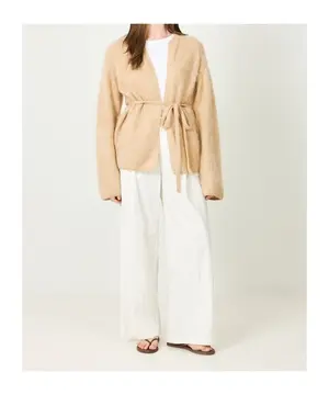 Soft Goat Long-sleeved Wrap Knitwear With Ribbed Trim