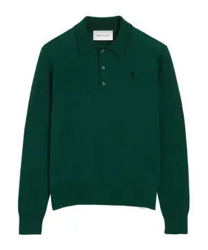 AMI Paris Long Sleeves Polo In Extrafine Merino Wool Knit - Bottle Green/black