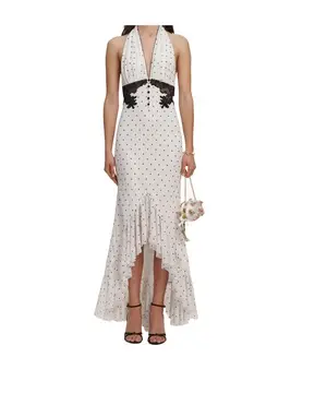 SELF-PORTRAIT Polka Dot Halter Neck Midi Dress - White