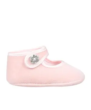 Monnalisa Button-strap Velvet Crib Shoes - Pink