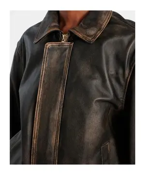 JACQUES WEI Zippered Long-sleeved Leather Jacket