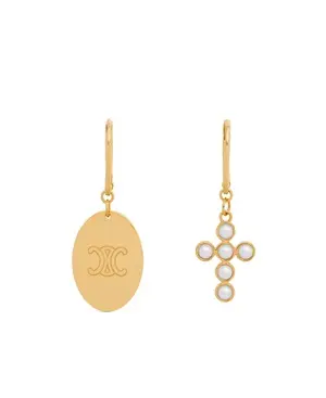 Celine Triomphe Folk Earrings In Brass With Gold Finish And Resin Pearl - Yellow