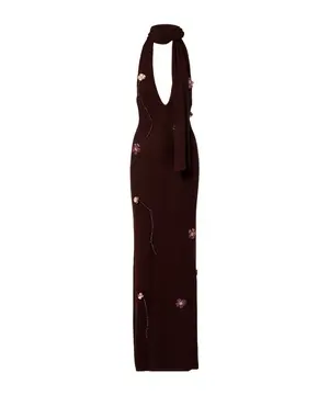 AYA MUSE Floral Appliqué Knit Dress - Brown